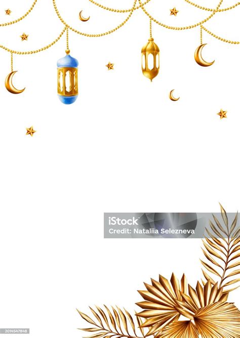 수채화 이슬람 아라비아 엽서 프레임 황금 초승달 별 골드 체인에 랜턴 황금 팜파스 잔디 흰색 배경에 고립 된 날짜 야자 가지 그림과 템플릿 무슬림 손으로 그린 라마단 카림
