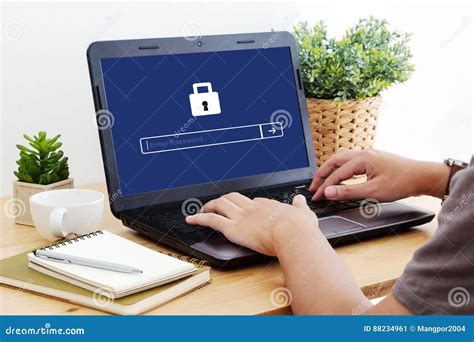 Man Typing Password On Labtop Screen Background Cyber Security Stock Image Image Of Login