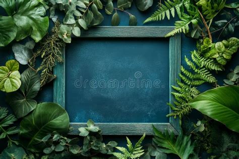 Tropical Leaves Creating A Frame Around A Wooden Frame On A Dark Blue