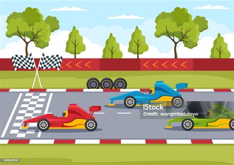 포뮬러 레이싱 스포츠카 레이스 서킷에 도달 결승선 만화 일러스트 레이 션은 플랫 스타일 디자인으로 챔피언십에서 우승합니다 경주용