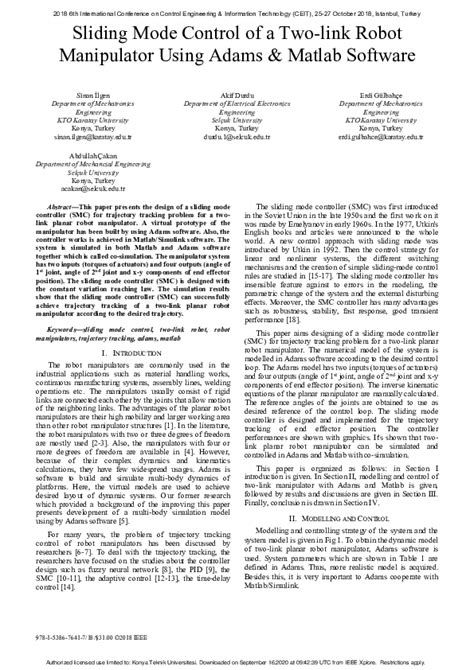 Pdf Sliding Mode Control Of A Two Link Robot Manipulator Using Adams