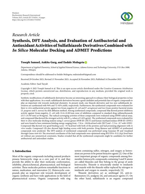 Pdf Synthesis Dft Analysis And Evaluation Of Antibacterial And Antioxidant Activities Of