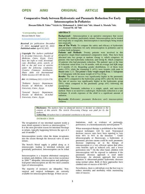Comparative Study Between Hydrostatic And Pneumatic Reduction For Early Intussusception In