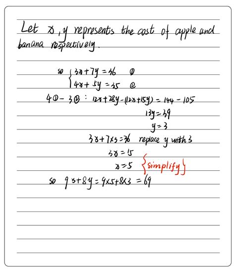 Solved ① The Total Cost Of 3 Apples And 7 Bananas Is Rs 3t The Total Cost Of Y Apples And 5