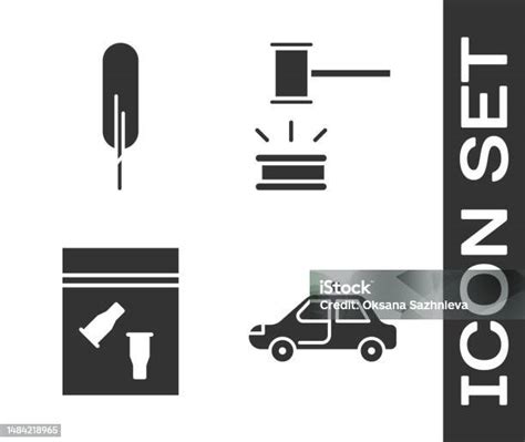 경찰차와 점멸 장치 깃털 펜 증거 가방과 총알 판사 망치 아이콘을 설정합니다 벡터 가방에 대한 스톡 벡터 아트 및 기타 이미지 가방 경매 경찰관 Istock