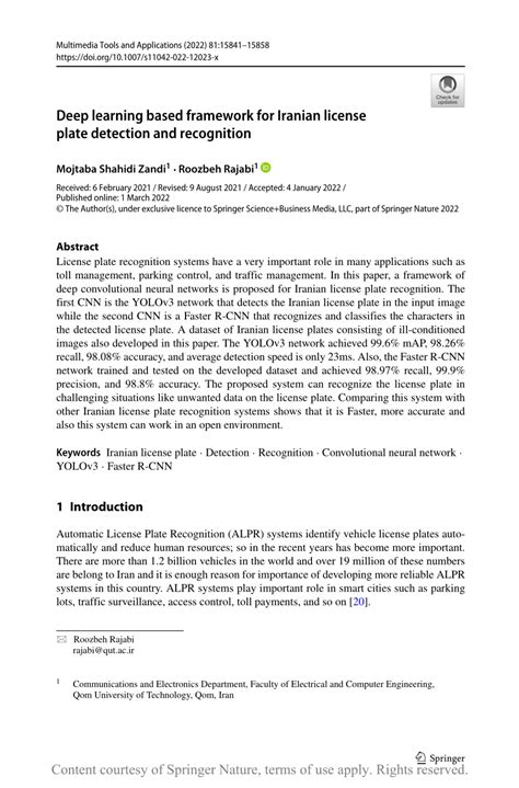 Deep Learning Based Framework For Iranian License Plate Detection And Recognition Request Pdf