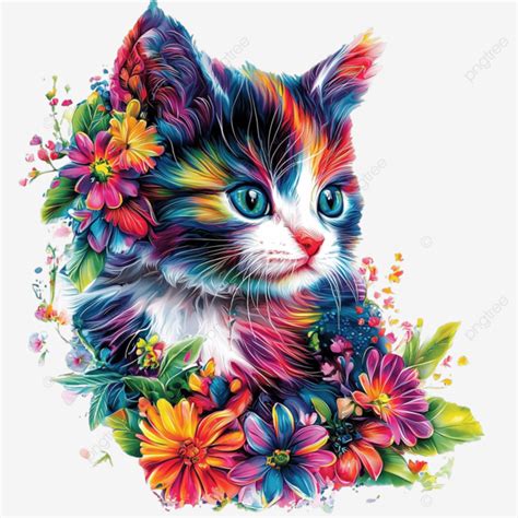 꽃이 그려진 화려한 새끼 고양이 작품 화려한 새끼 고양이 꽃들 삽화 Png 일러스트 및 이미지 에 대한 무료 다운로드