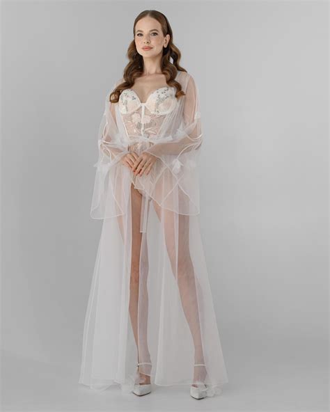 Sheer Bridal Robe For Wedding Morning Luxurious Maxi Peignoir With