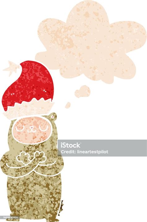 그런 지 고민 복고풍 질감 스타일에 생각 거품과 크리스마스 모자를 쓰고 만화 곰 곰에 대한 스톡 벡터 아트 및 기타 이미지 곰 귀여운 그런지 이미지 기법 Istock