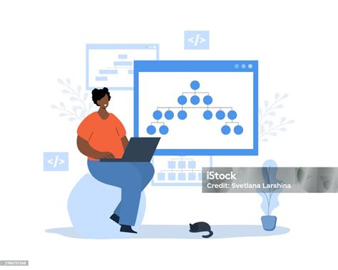 사이트맵 생성 웹사이트 제작 도구 노트북을 가진 아프리카 여성 개발자 온라인 소프트웨어 및 웹 페이지 구조 Ux 디자이너 워크플로우 만화 스타일의 벡터 일러스트 레이 션