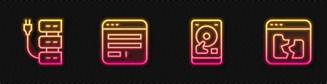 세트 하드 디스크 드라이브 Hdd 서버 브라우저 창 및 깨진 파일을 설정합니다 빛나는 네온 아이콘 벡터 검색에 대한 스톡 벡터 아트 및 기타 이미지 Istock