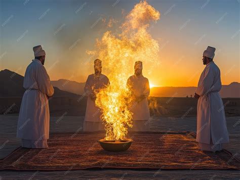Zoroastrian Priests Performing Sacred Fire Ritual At Sunrise Premium