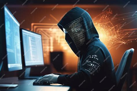 Premium Photo Side View Of Hacker Using Computers At Desk With