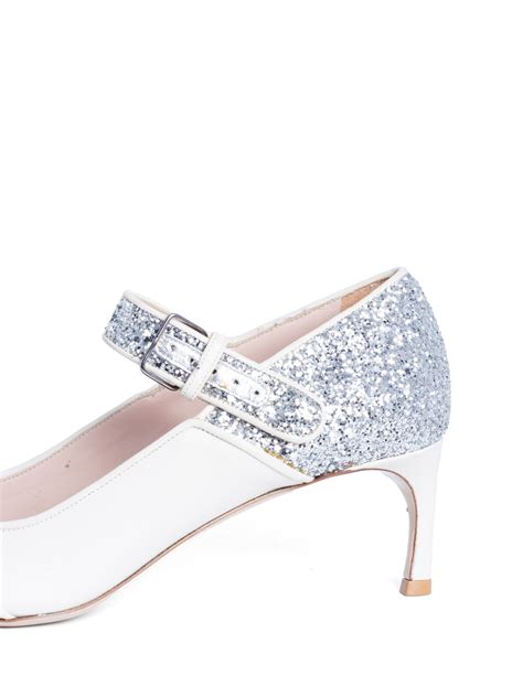Miu Miu Leather Glitter Mary Jane Kitten Heels White Silver
