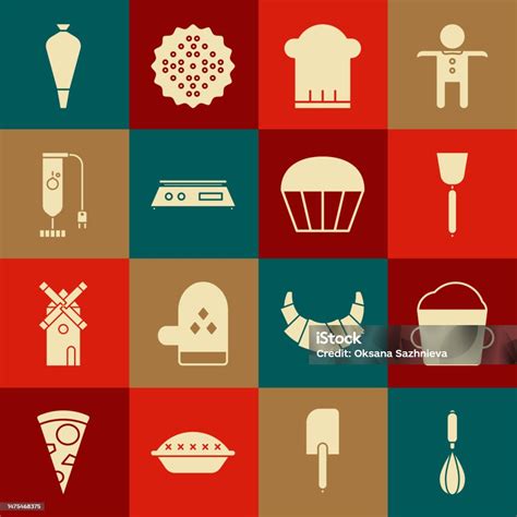 주방 거품기 베이커리 그릇 반죽 주걱 요리사 모자 전자 저울 믹서기 케이크 장식 용 패스트리 가방 및 머핀 아이콘을 설정합니다