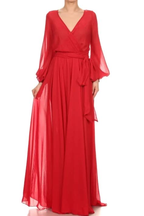 Red Maxi Dress V Neck Chiffon Long Sleeves Versatile Sexy Plus Size