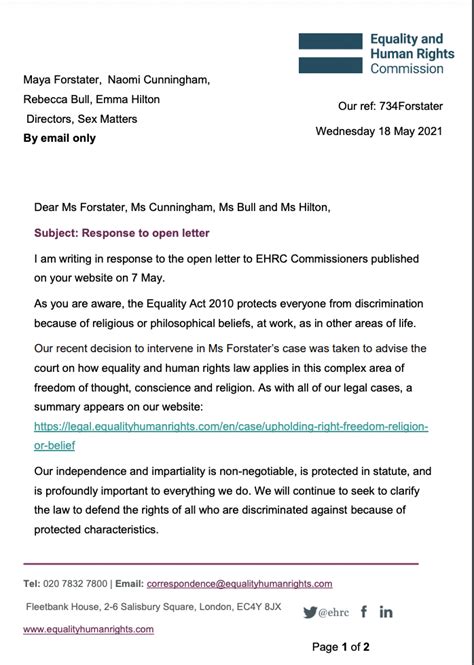 EHRC Chairwoman Writes To Sex Matters We Have Left Stonewall Sex Matters