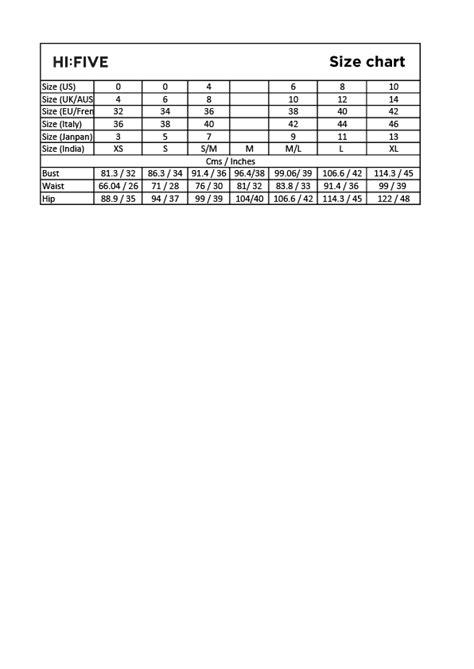 Size Chart Clothing Store