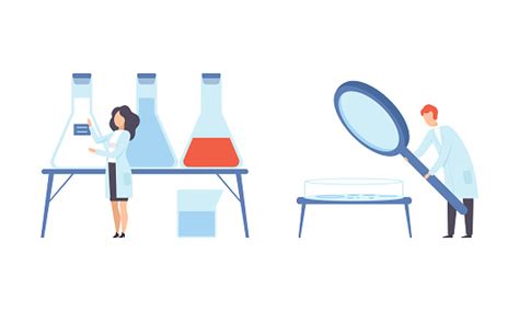 플라스크및 돋보기 벡터 세트에서 화학 물질실험을 수행하는 실험실 코트의 남녀 연구 과학자 개념에 대한 스톡 벡터 아트 및 기타 이미지 개념 검사 보기 과학 Istock