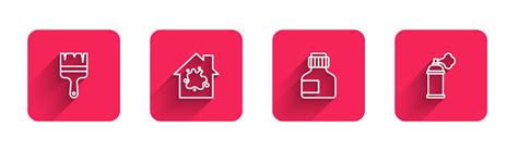 세트 라인 페인트 브러시 집 페인팅 페인트 구 아슈 항아리 염료 및 스프레이 캔은 긴 그림자로 할 수 있습니다 빨간색 사각형 버튼입니다 벡터 공예에 대한 스톡 벡터 아트 및
