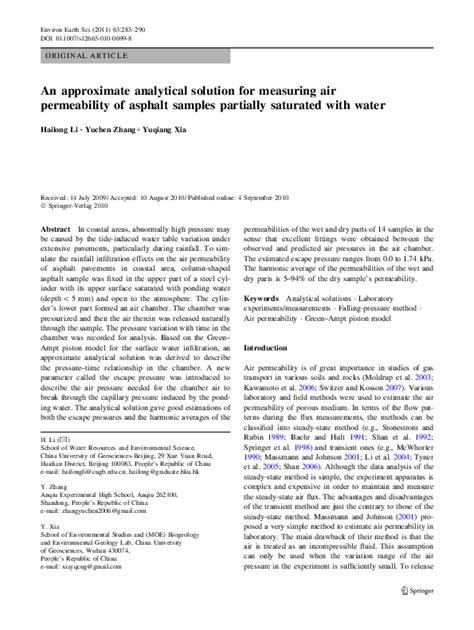 Pdf An Approximate Analytical Solution For Measuring Air Permeability