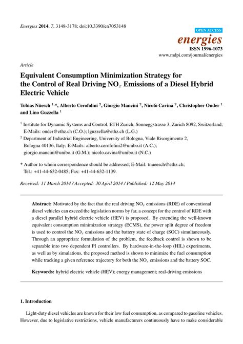 Pdf Equivalent Consumption Minimization Strategy For The Control Of Real Driving Nox Emissions