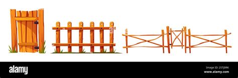 Cartoon Wooden Gate And Fence Set Of Brown Barriers Rural Rustic