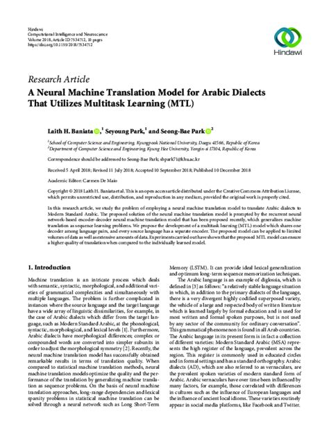 Pdf A Neural Machine Translation Model For Arabic Dialects That Utilizes Multitask Learning Mtl