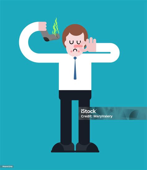 들고 더러운 양말 불쾌 한 냄새입니다 악취 녹색 카오 구름입니다 냄새 나 양말입니다 그의 코를 클램프로 그의 손 가진 남자 감각 지각에 대한 스톡 벡터 아트 및 기타 이미지