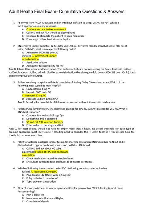 Adult Health Final Exam Cumulative Questions And Answers Exams Nursing Docsity