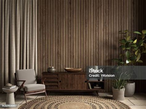 옷장 라운지 의자 벽 나무 패널 커튼 및 장식이있는 인테리어 3d 렌더링 일러스트 모형 0명에 대한 스톡 사진 및 기타 이미지
