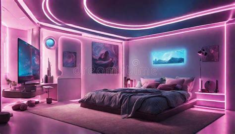 A High Tech Bedroom With Neon Lights Controlled By A Smartphone Stock