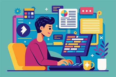 Premium Vector A Person Engaged In Coding On A Computer In A Colorful Workspace Filled With