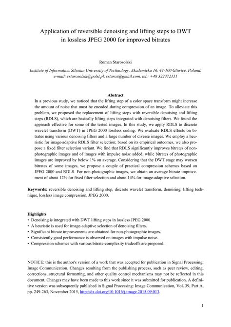 Pdf Application Of Reversible Denoising And Lifting Steps To Dwt In Lossless Jpeg 2000 For