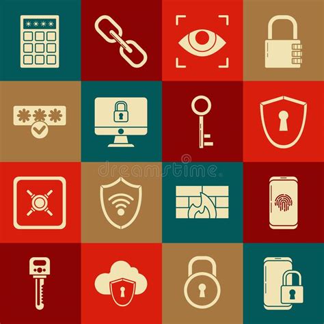 Set Smartphone With Closed Padlock Fingerprint Scanner Shield Keyhole Eye Lock Computer