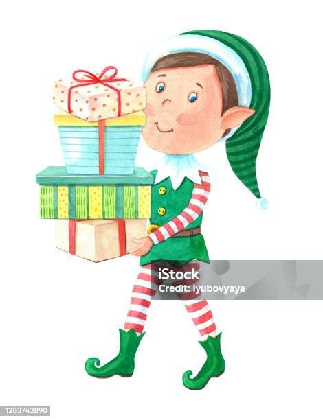 수채화 크리스마스 엘프 소년은 선물 상자를 운반합니다 모자가 달린 줄무늬 정장을 입은 산타클로스의 작은 도우미 귀여운 일러스트레이션 수채화에 대한 스톡 벡터 아트 및 기타