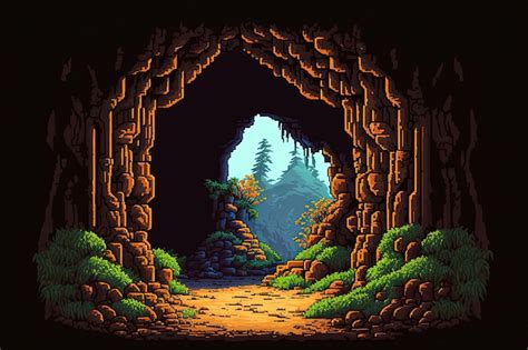 픽셀 아트 동굴 입구 바위 나무와 초목 풍경이 있는 천연 터널 8비트 게임 Ai 프리미엄 사진