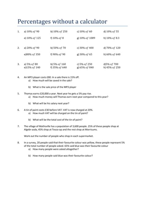 Percentages Without A Calculator Gcse Worksheet By Tristanjones Teaching Resources Tes