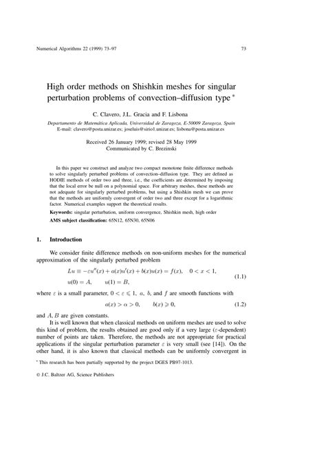 Pdf High Order Methods On Shishkin Meshes For Singular Perturbation Problems Of Convection