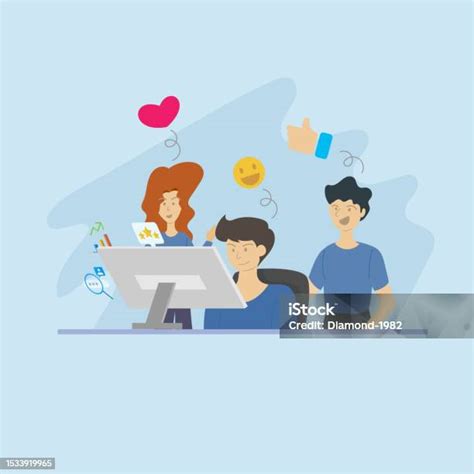 응용 프로그램과 부동 아이콘이 있는 컴퓨터를 사용하는 세 명의 작업자 개발에 대한 스톡 벡터 아트 및 기타 이미지 개발