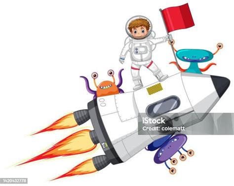 만화 스타일의 외계인과 로켓 우주선을 타고 우주 비행사 개념에 대한 스톡 벡터 아트 및 기타 이미지 개념 공학 과학 Istock