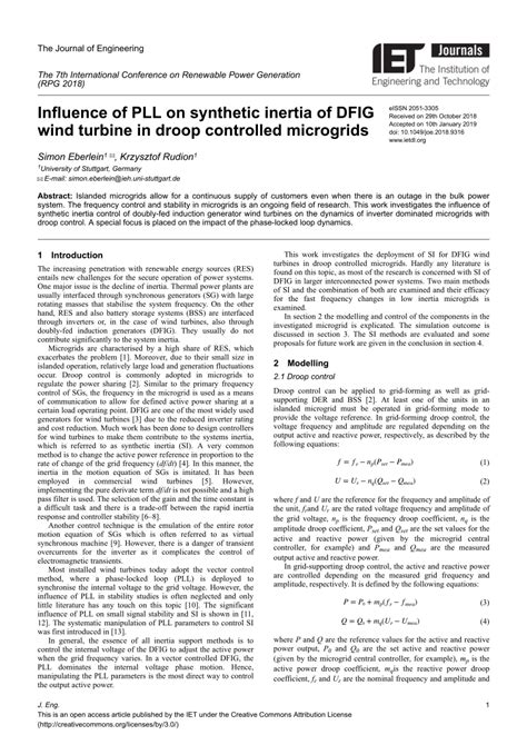 Pdf Influence Of Pll On Synthetic Inertia Of Dfig Wind Turbine In Droop Controlled Microgrids