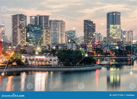 Smart City And Wireless Communication Network Concept Digital Network Connection Lines Of Hanoi