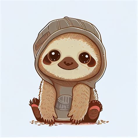 Cute Sloth Comic Wearing A Beanie With Sweater And Hut Stock