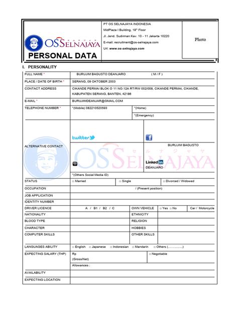 Personal Data Form Pt Selnajaya Prima Pdf