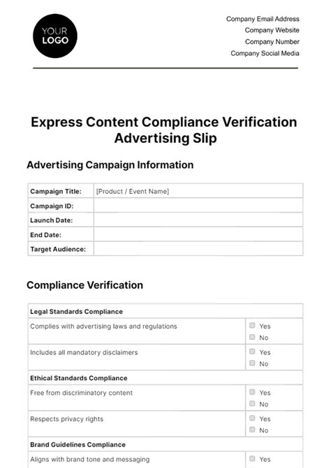 Free Express Content Compliance Verification Advertising Slip Template To Edit Online