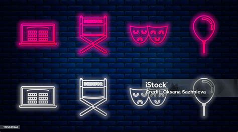 세트 라인 디렉터 영화 의자 코미디와 비극 연극 마스크 리본과 함께 온라인 영화 티켓과 풍선을 구입 벽돌 벽에 빛나는 네온 아이콘입니다 벡터 Theatrical