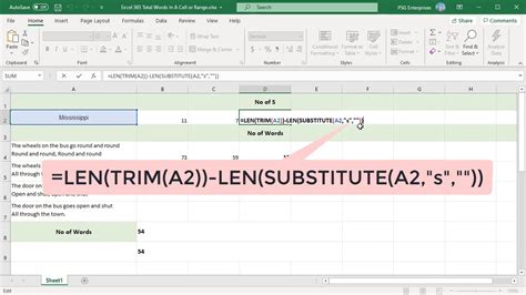 How To Count Number Of Words In A Cell Or Range Of Cells In Excel Office 365 Youtube