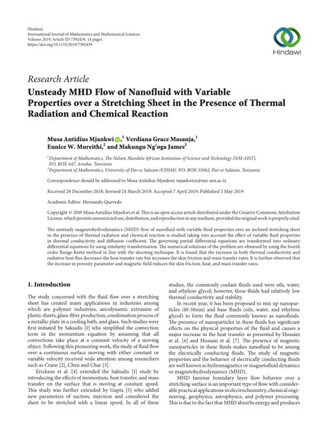 Pdf Unsteady Mhd Flow Of Nanofluid With Variable Properties Over A Stretching Sheet In The