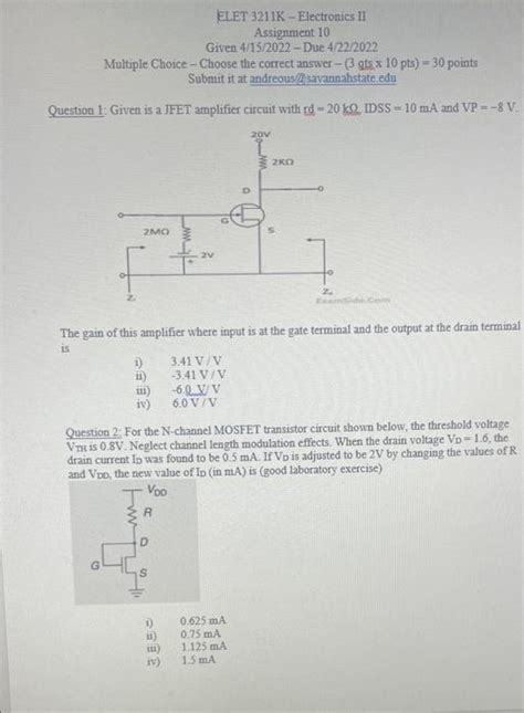 Solved ELET 3211K Electronics II Assignment 10 Given Chegg